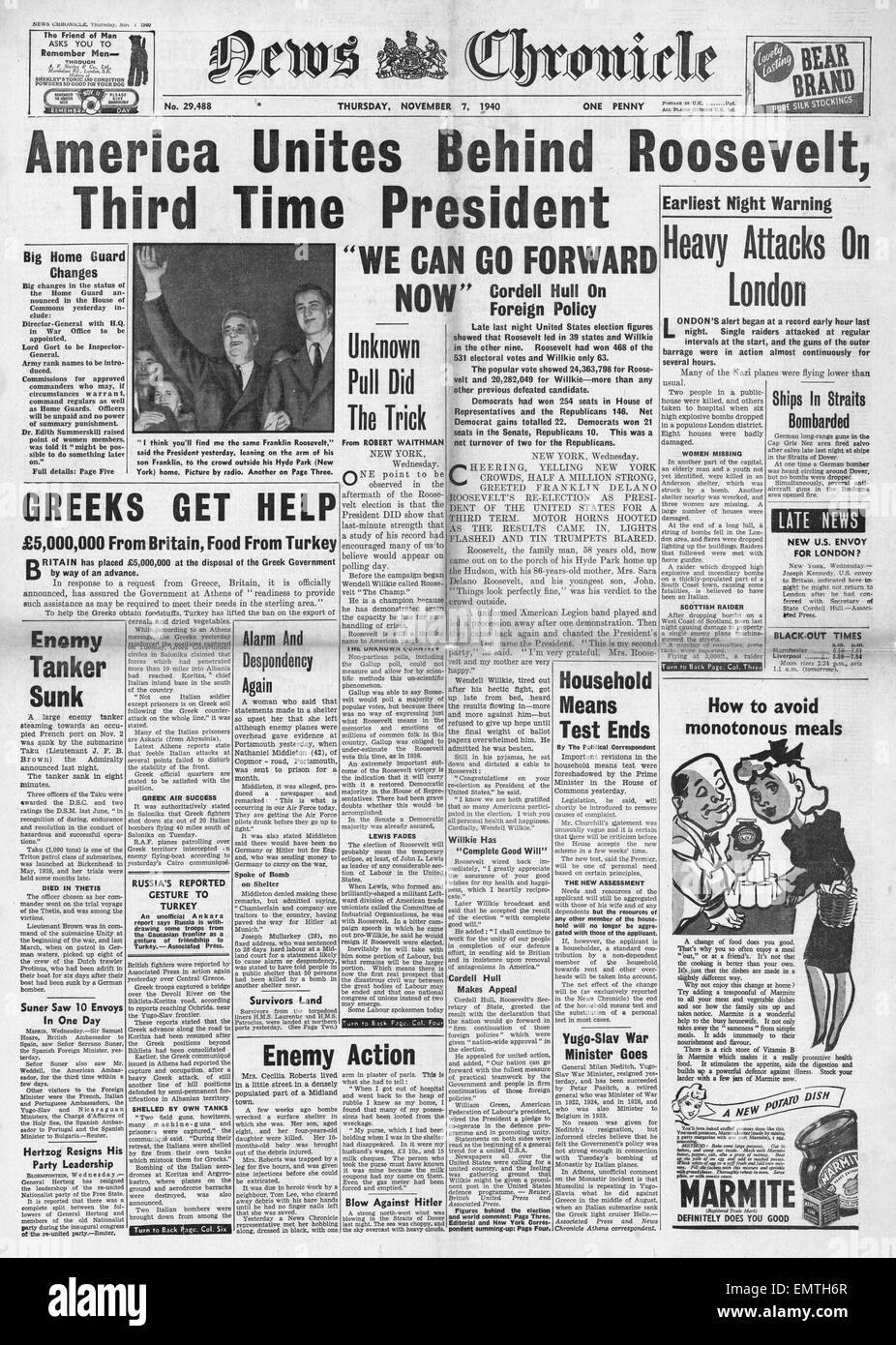 1940 front page News Chronicle President Roosevelt wins in U.S ...