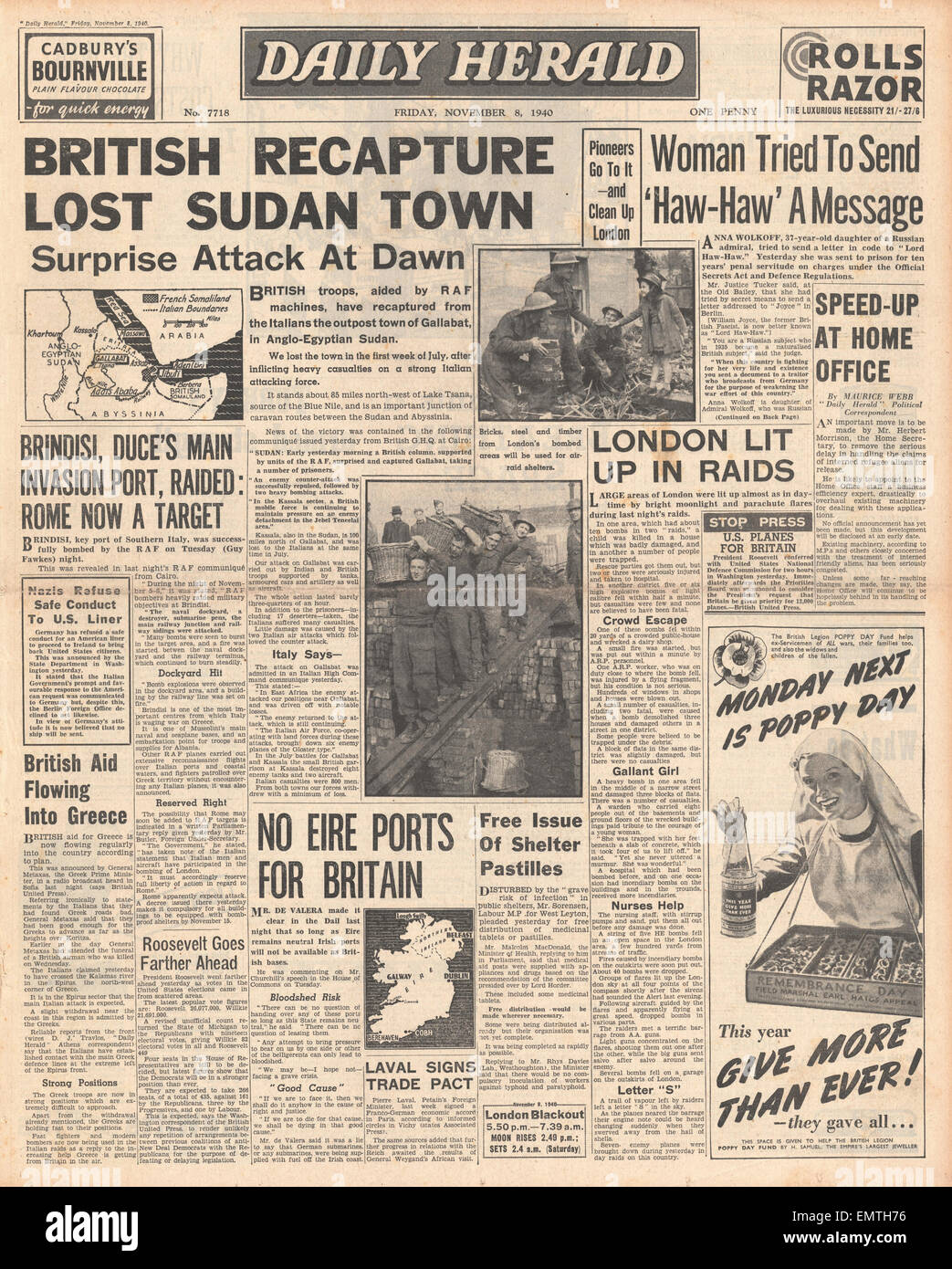 1940 front page Daily Herald British recapture town of Gallabat in ...