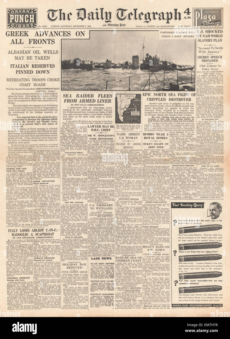 1940 front page Daily Telegraph Greek Forces advance on all fronts ...