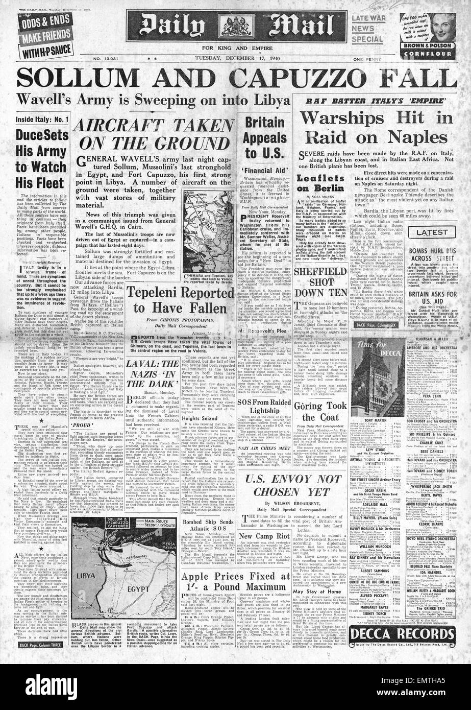 1940 front page Daily Mail British Army capture Sollum Fort Capuzzo ...