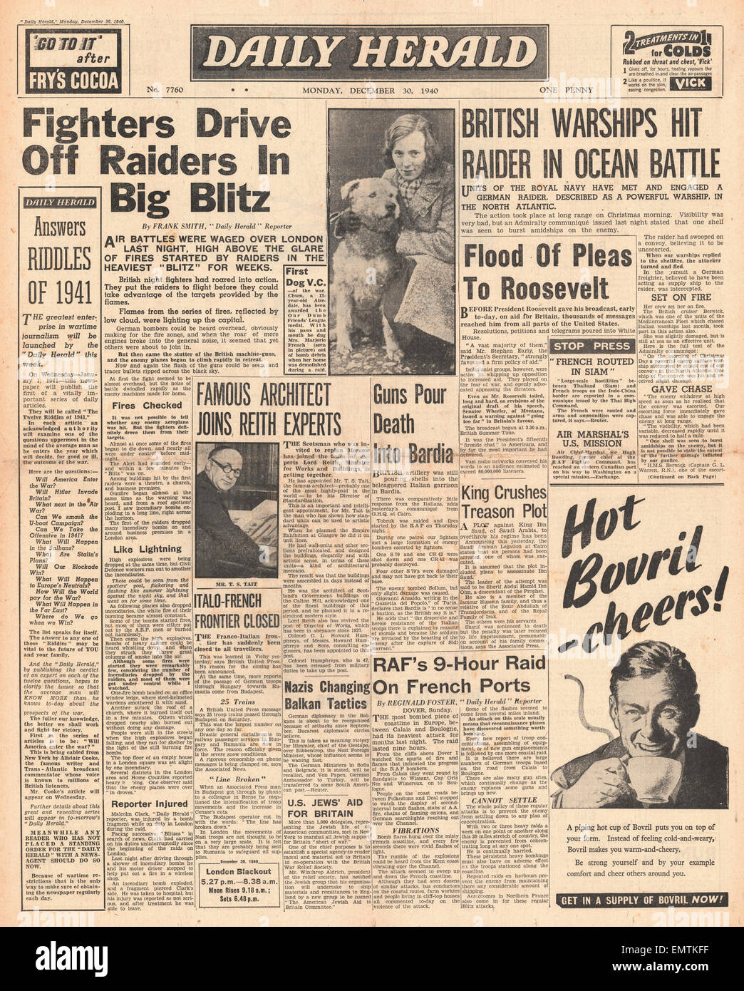 1940 front page Daily Herald Big bombing raid on London Roosevelt ...