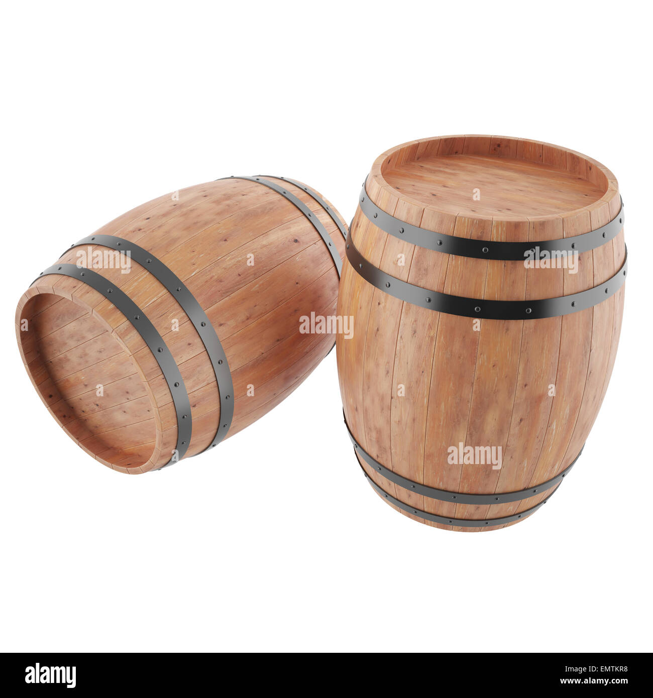 Two wine, whiskey, beer, rum barrels isolated on white background. 3D ...