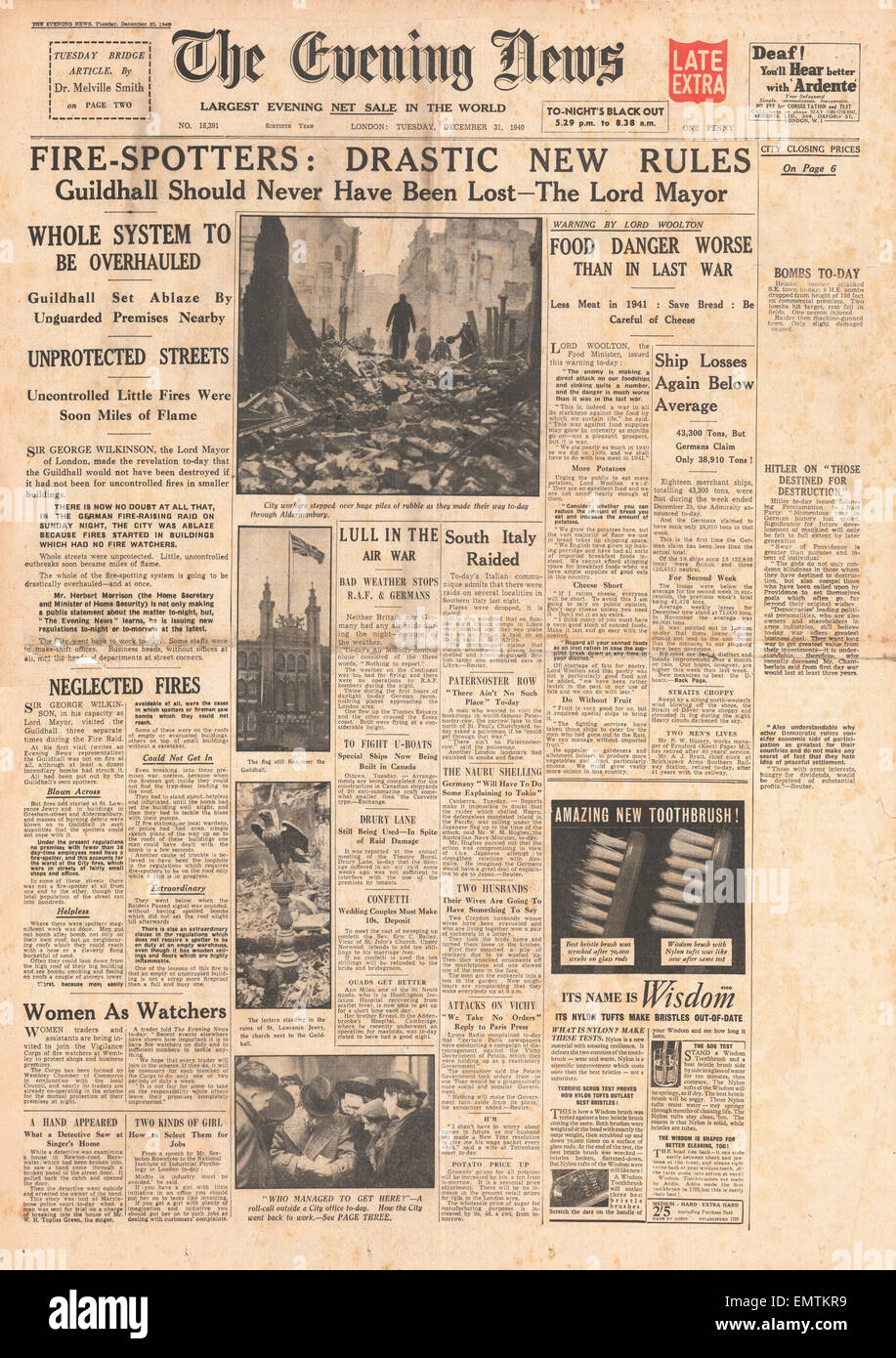 1940 front page Evening News (London) Blitz bombing of London Stock ...