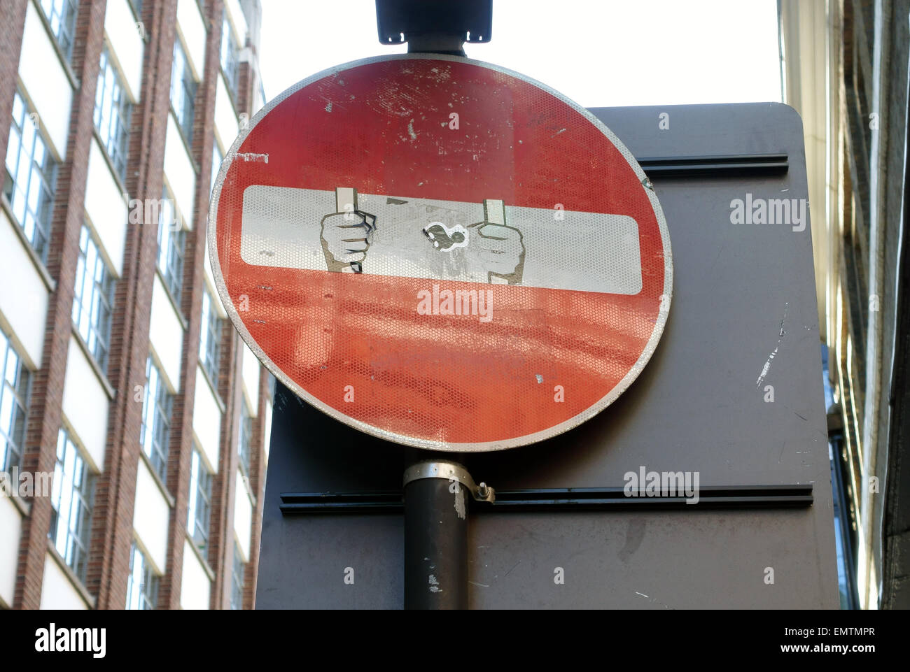 Graffitised no entry sign in Shoreditch street, London Stock Photo - Alamy