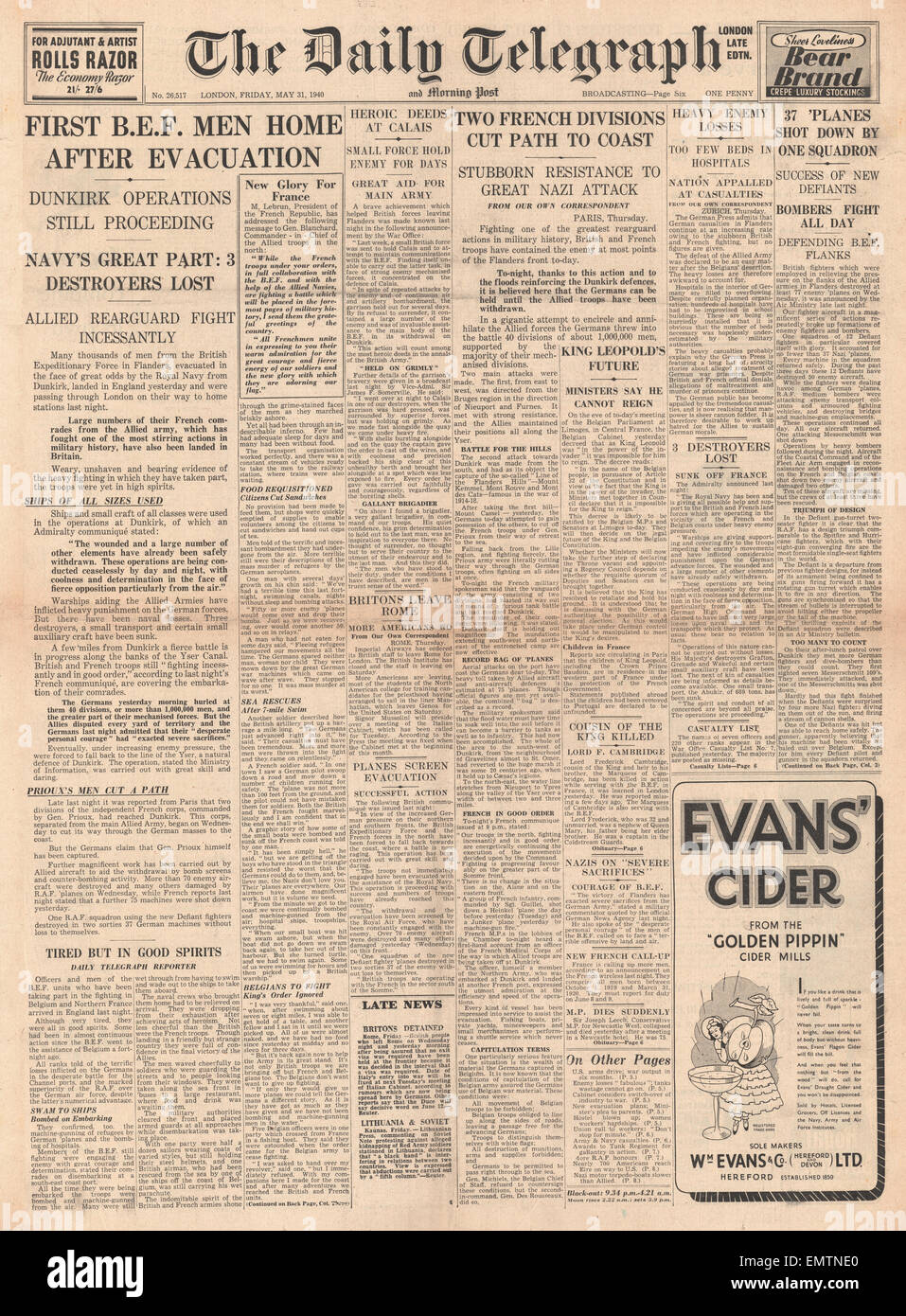 Dunkirk 1940 newspaper hi-res stock photography and images - Alamy