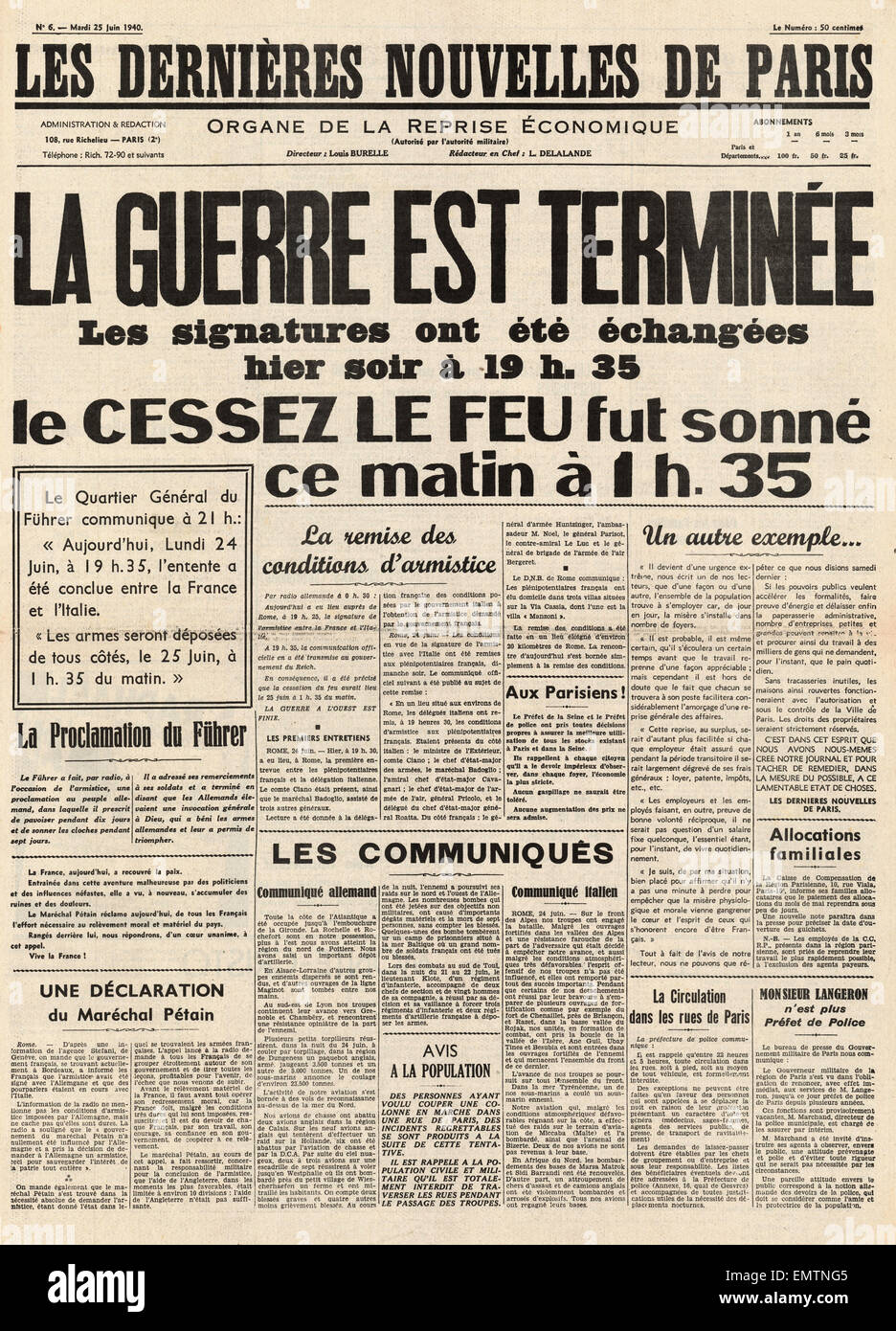 1940 front page Les Dernieres Nouvelles France surrenders Stock Photo ...