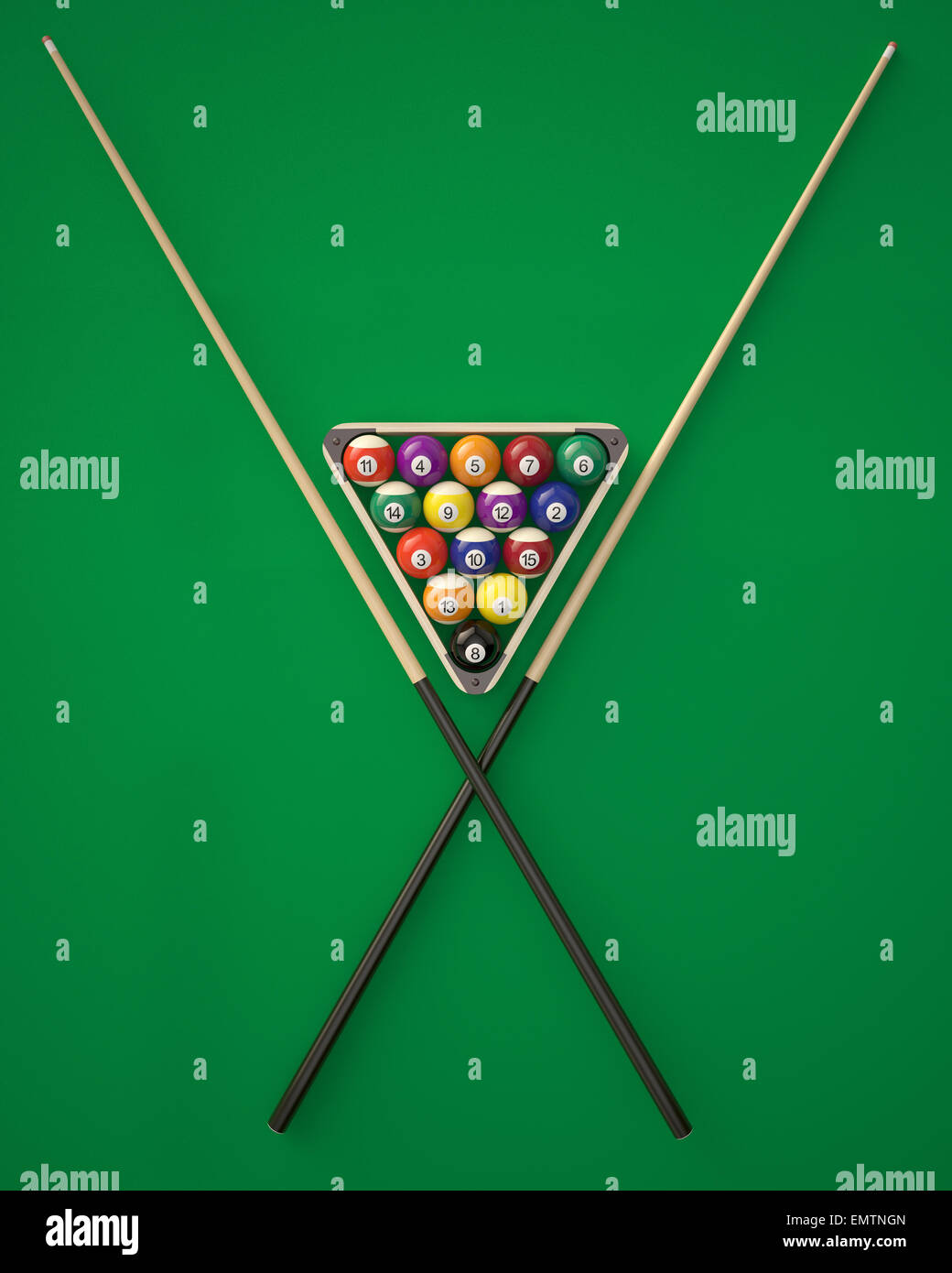 Billiard balls in a triangle with cues on green billiard table Stock ...