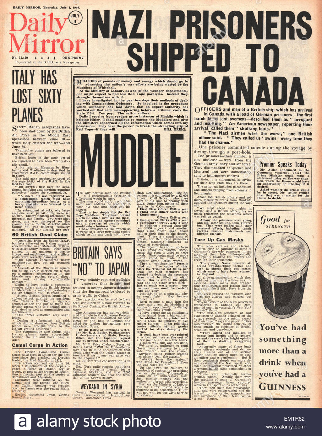 1940 World War Two World War 2 Newspaper Headline Stock Photos & 1940 ...