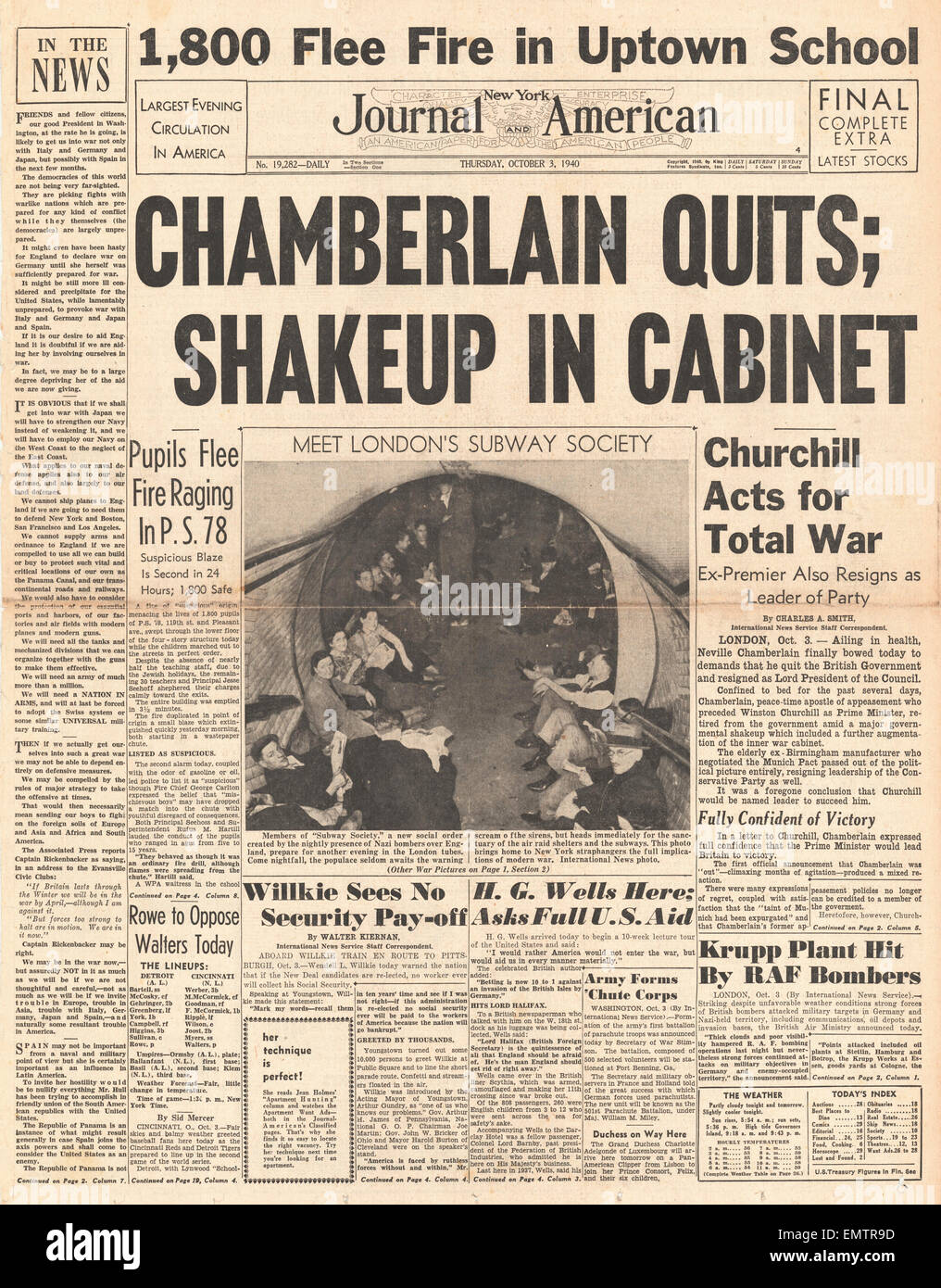 1940 front page New York Journal American Neville Chamberlain to resign ...
