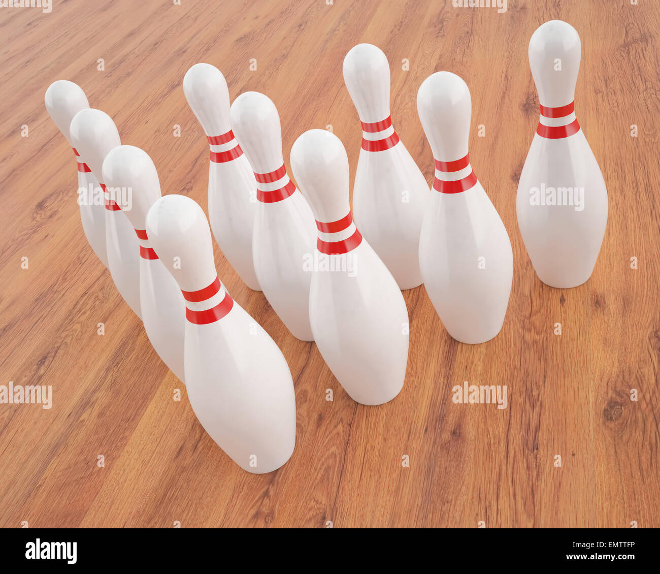 Illustration of bowling pins on a wooden floor Stock Photo - Alamy