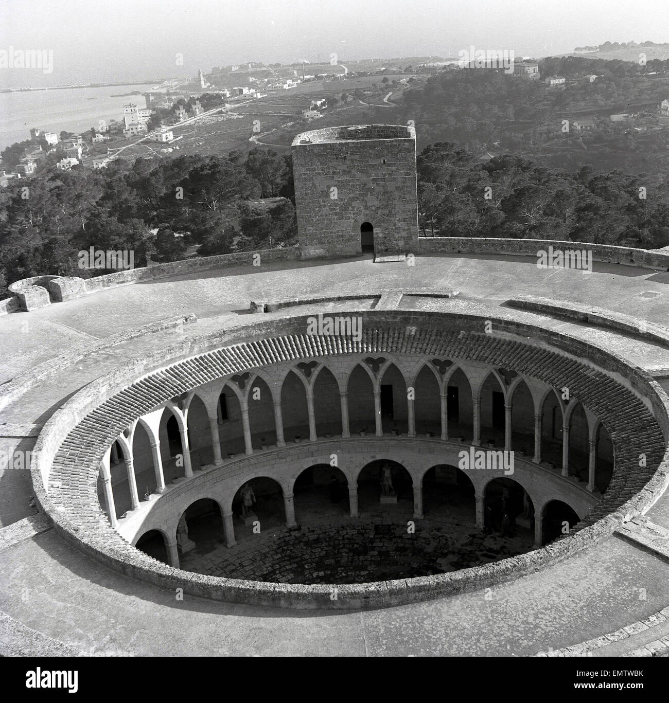1950s historical picture showing an aerial view of the top of Bellver ...