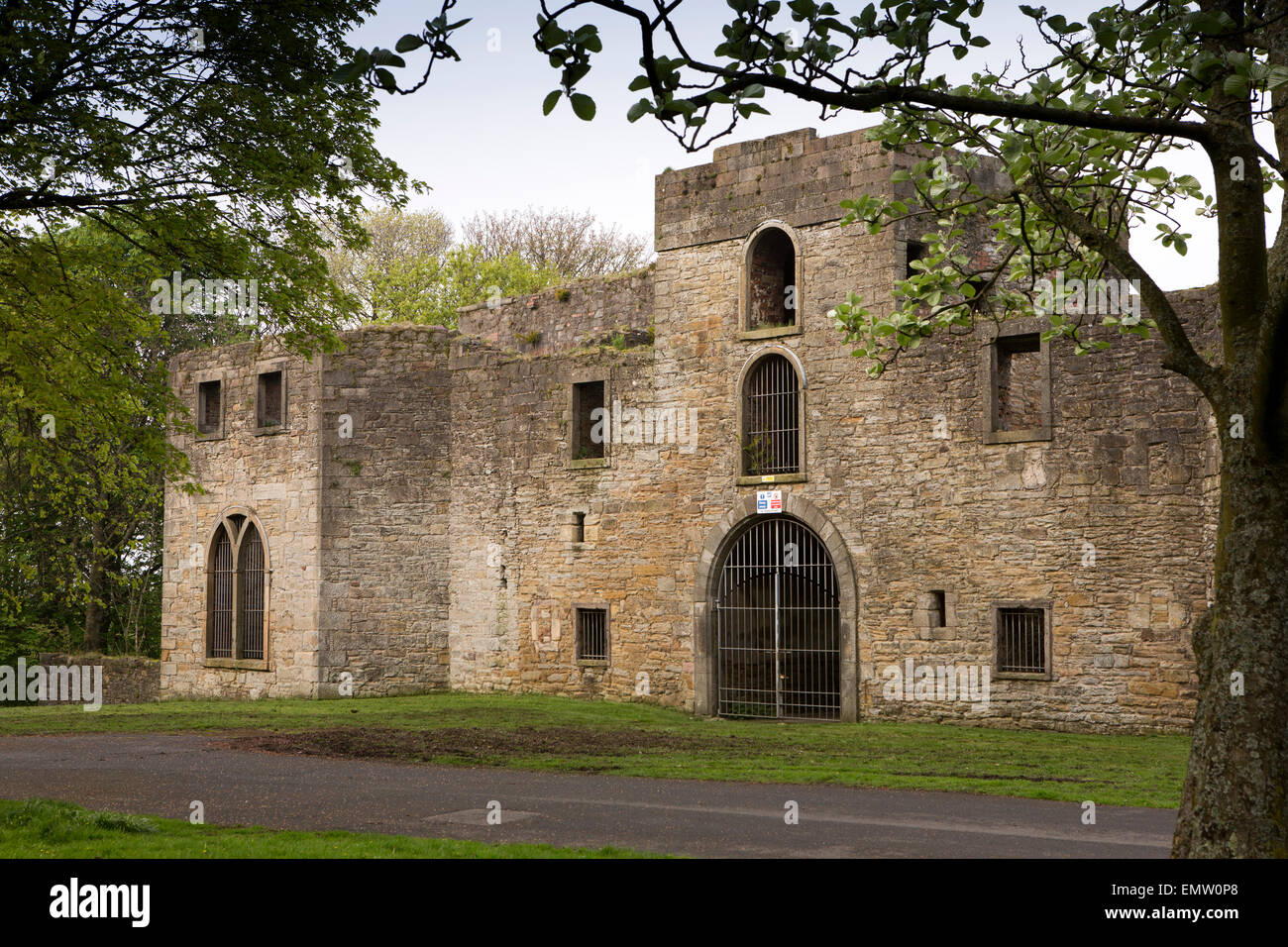UK, Cumbria, Workington, Ruins of Workington Hall, with barred entrance ...