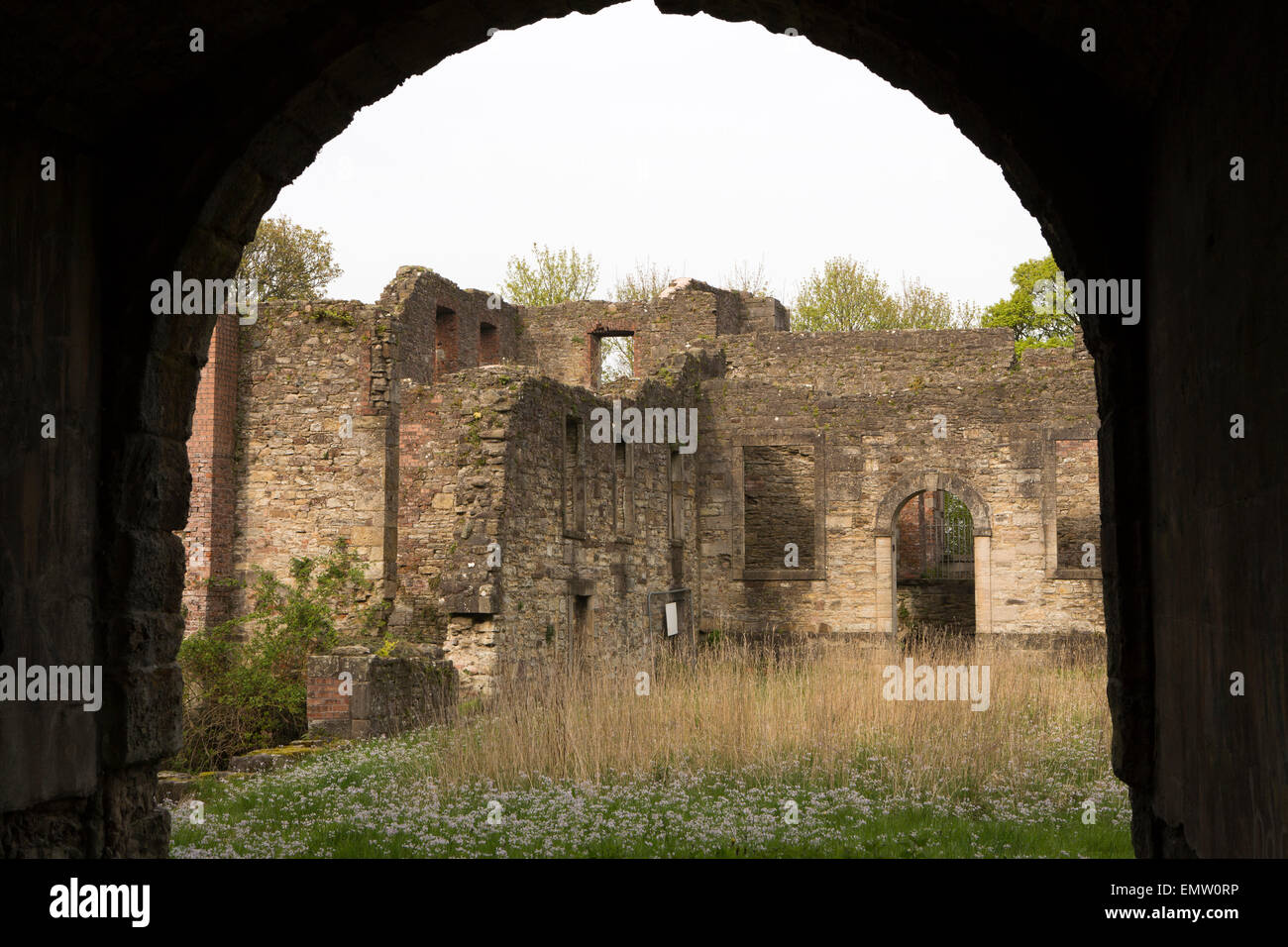 UK, Cumbria, Workington, Ruins of Workington Hall, overgrown courtyard ...