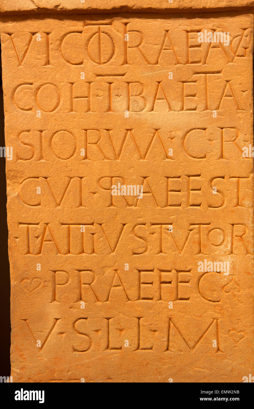 UK, Cumbria, Maryport, Senhouse Roman Museum, inscription on altar ...