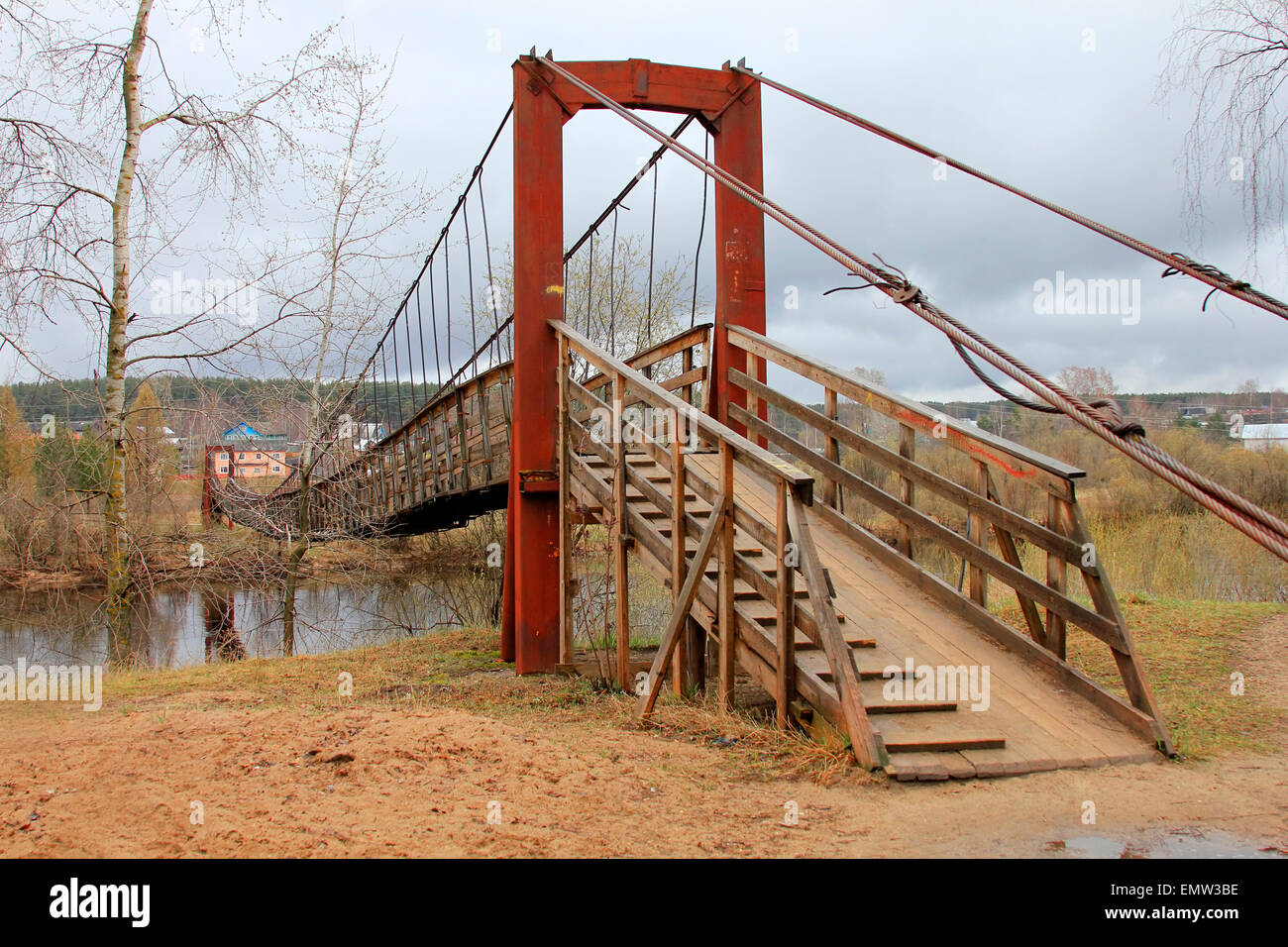 Suspension bridge across the Volga River in the village of Verkhovazhye ...