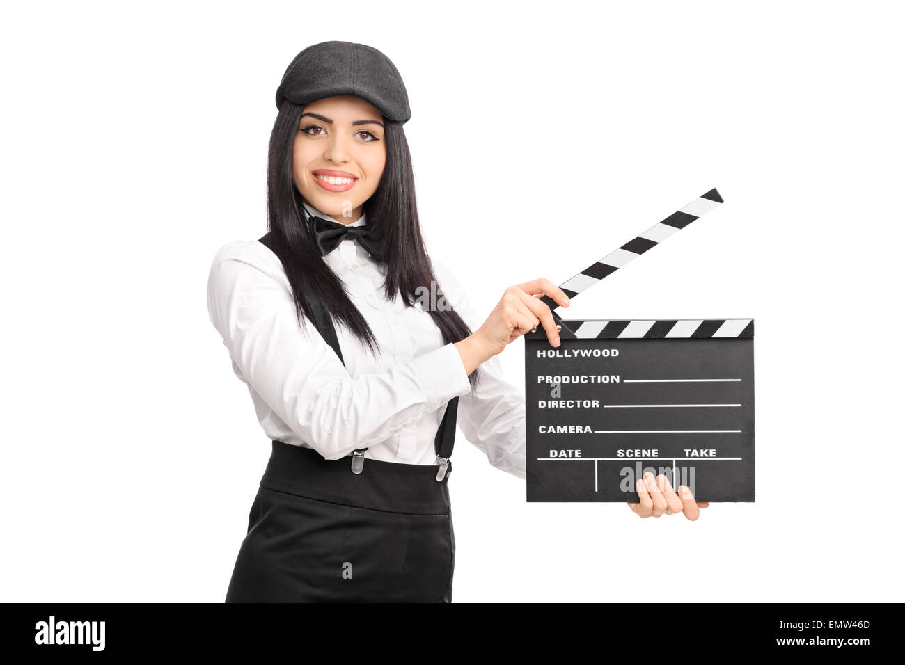 Artistic young female director holding a movie clapper board and ...