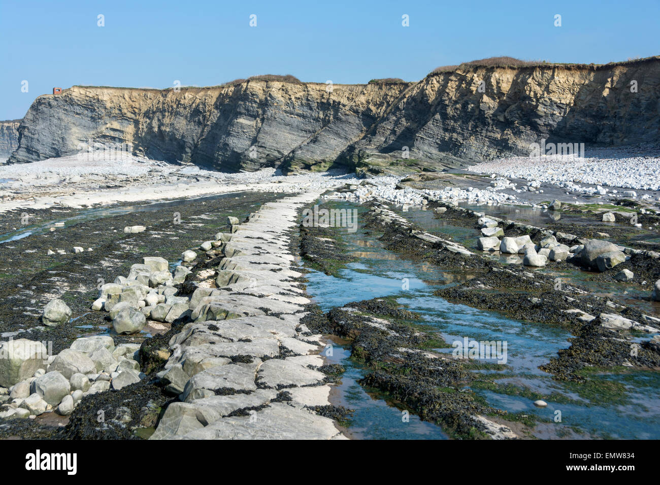 Layers of sedimentary rocks make interesting patterns on the beach and ...