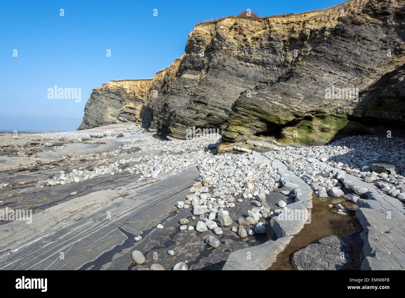 Layers of sedimentary rocks make interesting patterns on the beach and ...