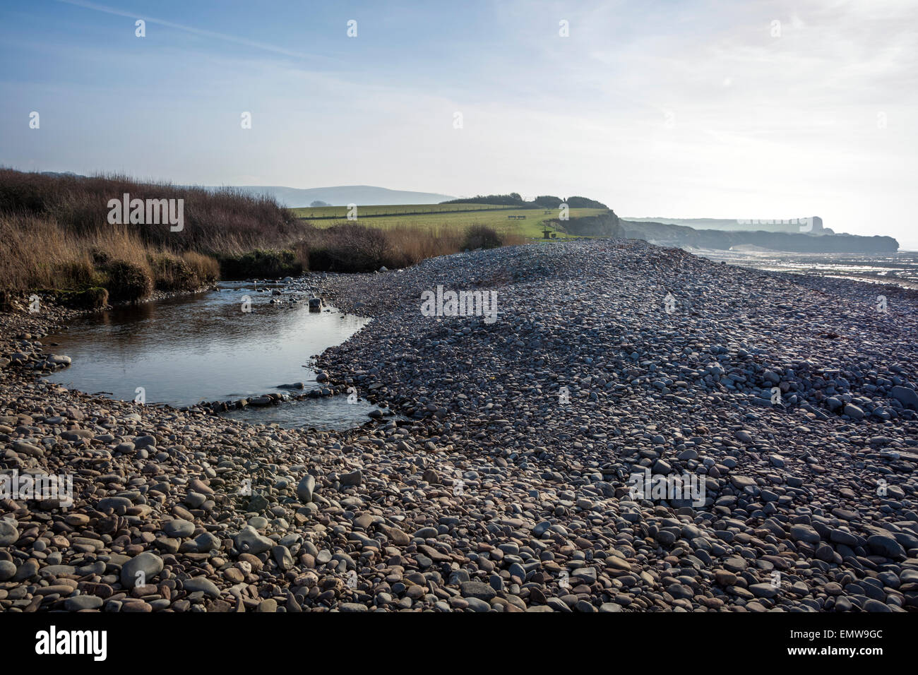 The river Holford flows off the Quantock Hills and onto the pebbly ...