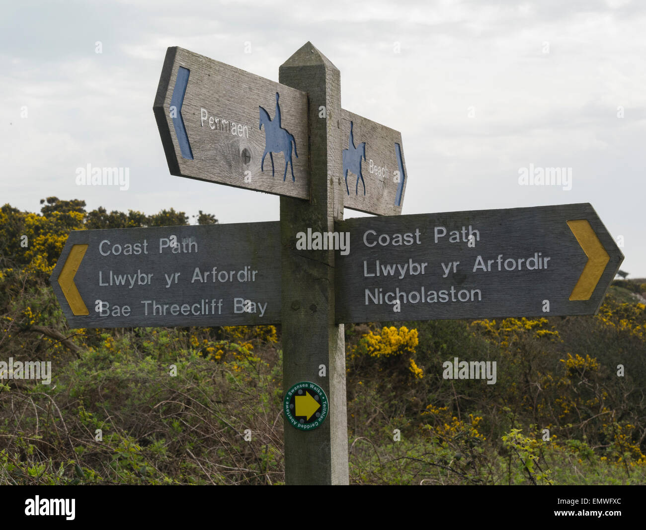 Waymarker post on All wales Coastal Path Gower Peninsular South Wales ...