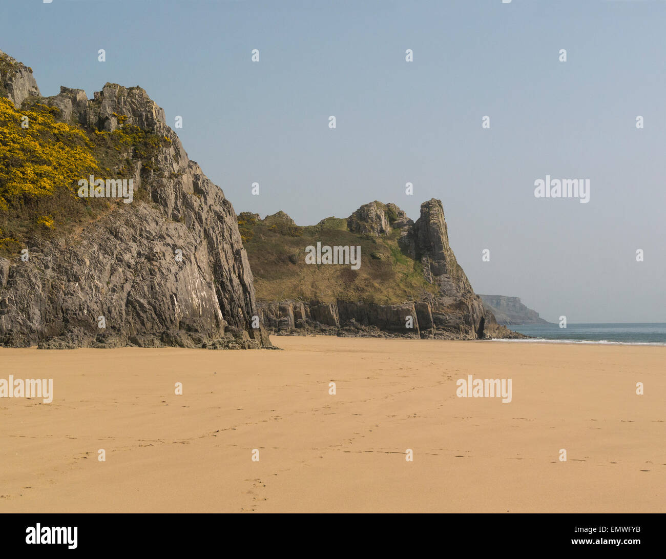 Great Tor at end of Oxwich Bay sandy beach Gower Peninsular Swansea ...