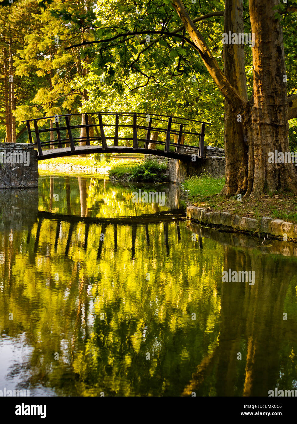 Lovely water reflection of the wooden bridge in the Topcider park Stock ...