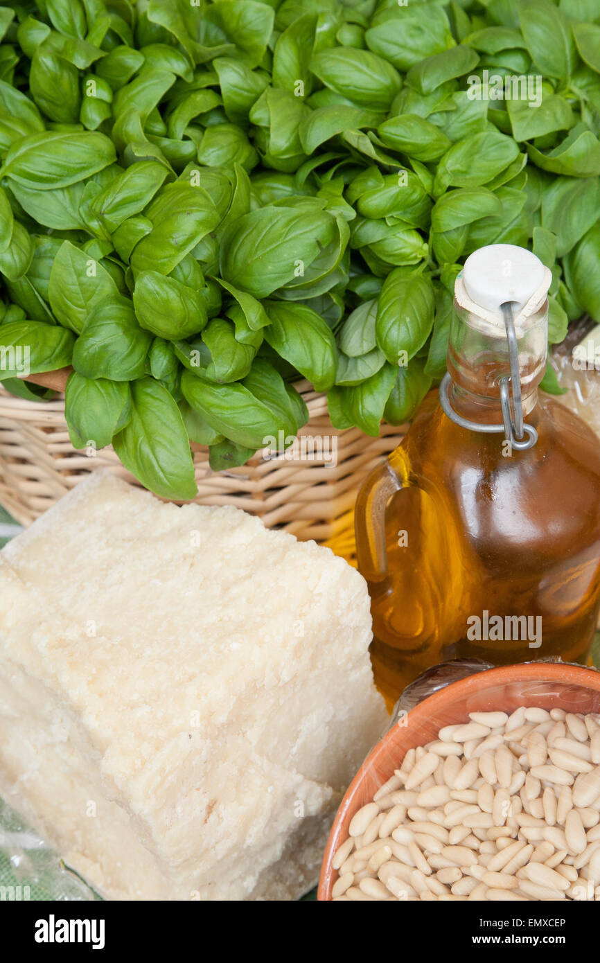 ingredients of genuine ligurian basil pesto Stock Photo - Alamy