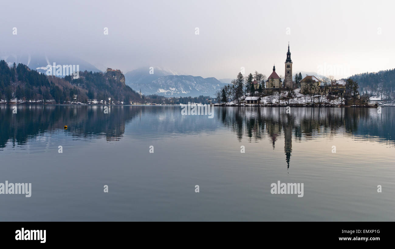 Lake Bled in winter, a view from a boat, Slovenian Alps Stock Photo - Alamy