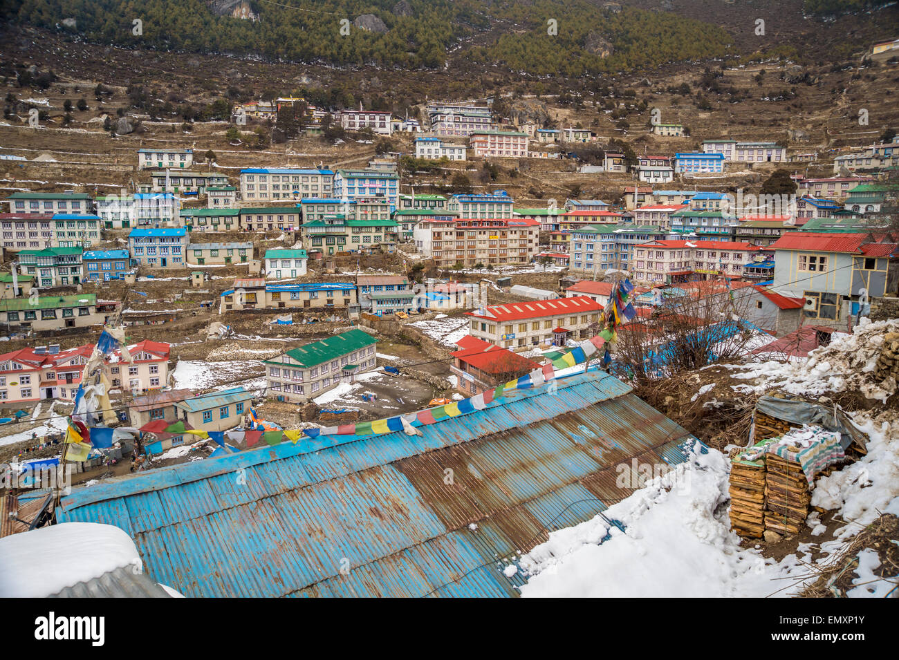 Namche Bazaar, Nepal - 8 March 2015: Aerial view of Namche Bazaar in ...