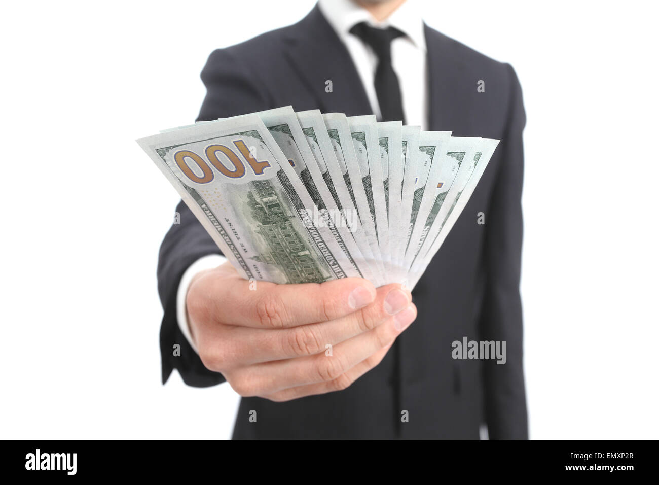 Close up of a business man hand holding money isolated on a white ...