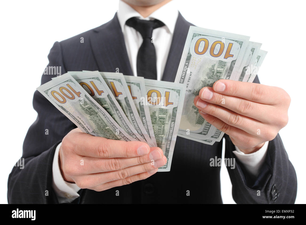 Close up of a business man hands counting banknotes isolated on a white ...