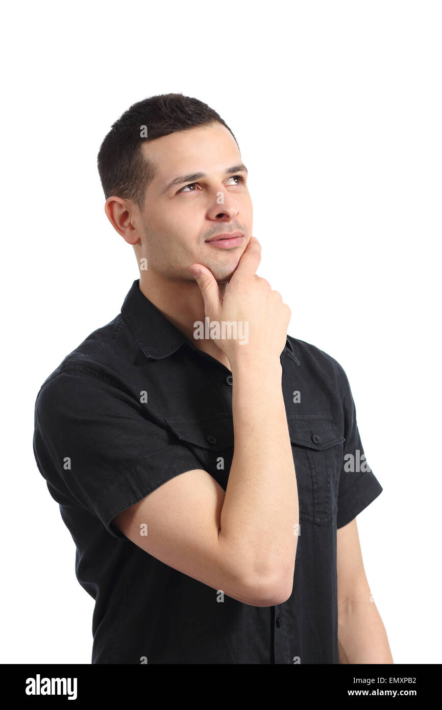 Handsome young man pensive and looking at side isolated on a white ...