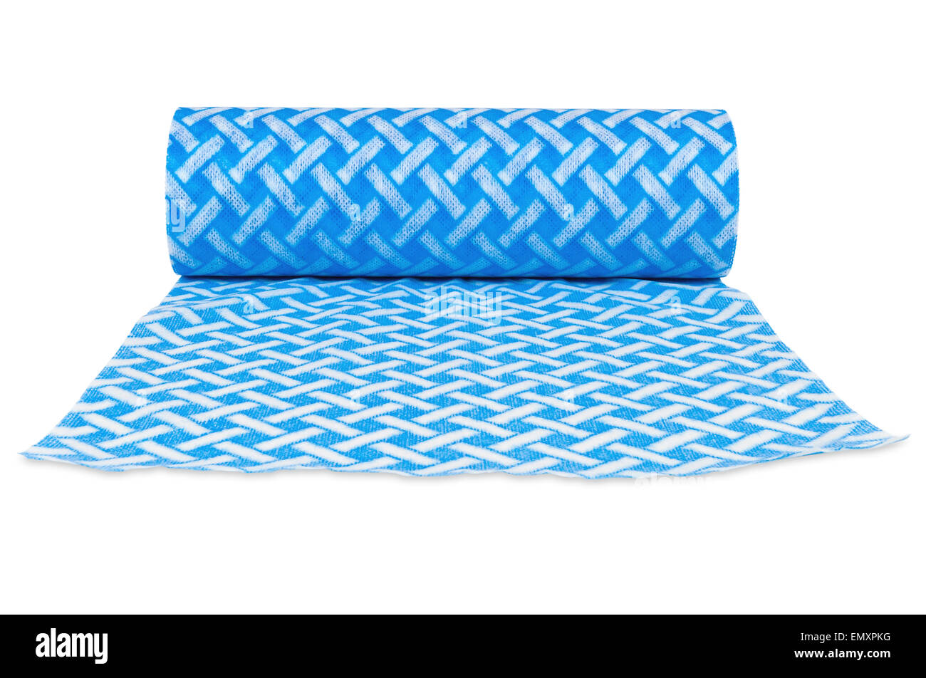 Rolled textile with blue and white pattern isolated on white background ...