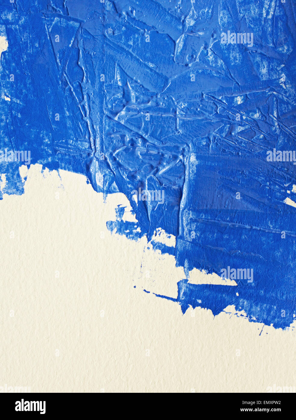 Blue watercolor acrylic painting with brush on white paper. Copy space ...