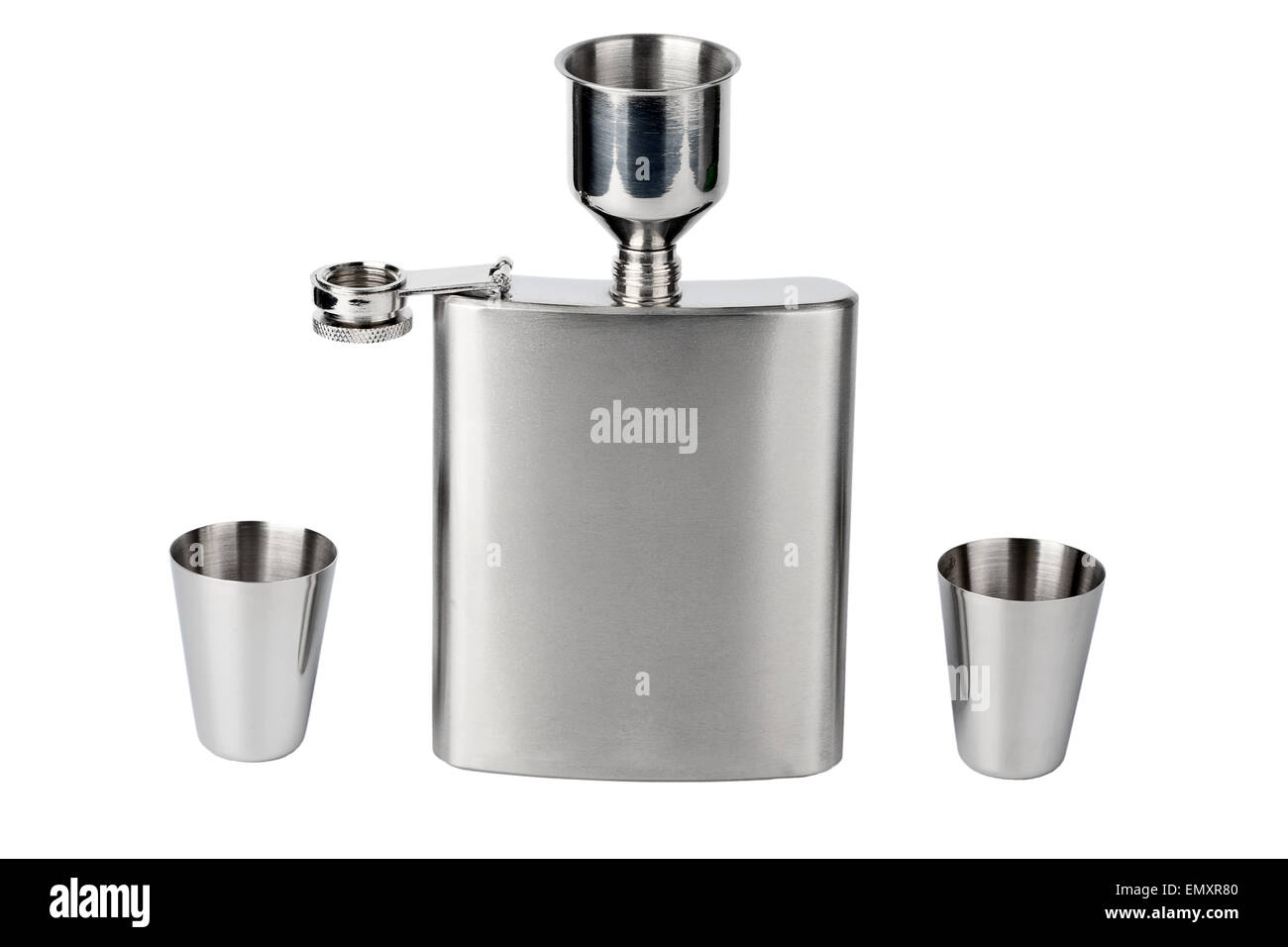 Hip flask with cups and funnel Stock Photo - Alamy