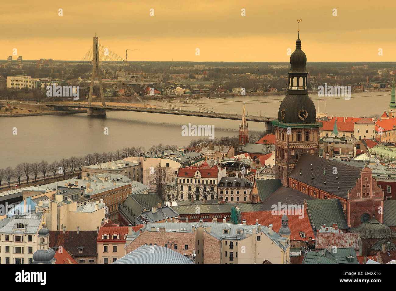 Panorama of the medieval Old Town of Riga from St Peter's Church.Right ...