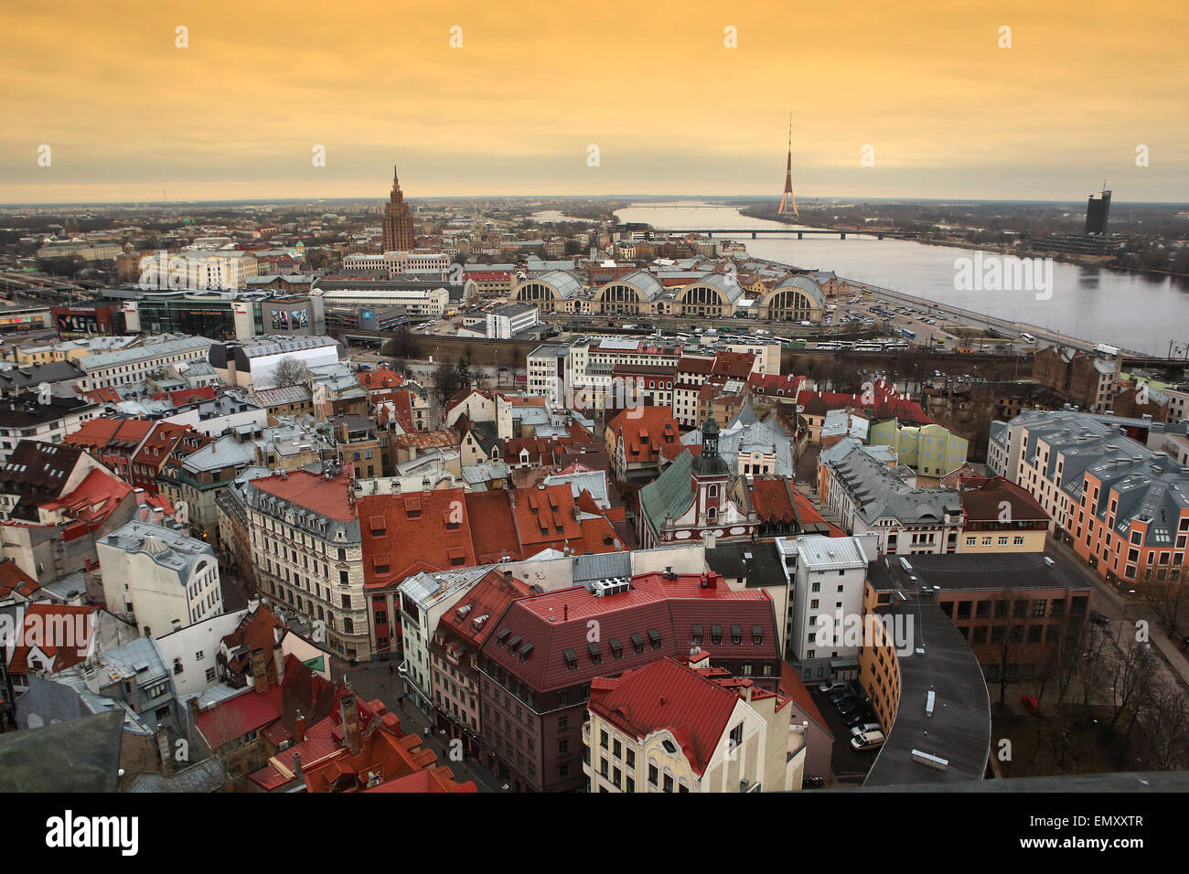 Panorama of the medieval Old Town of Riga from St Peter's.Right:Daugava ...
