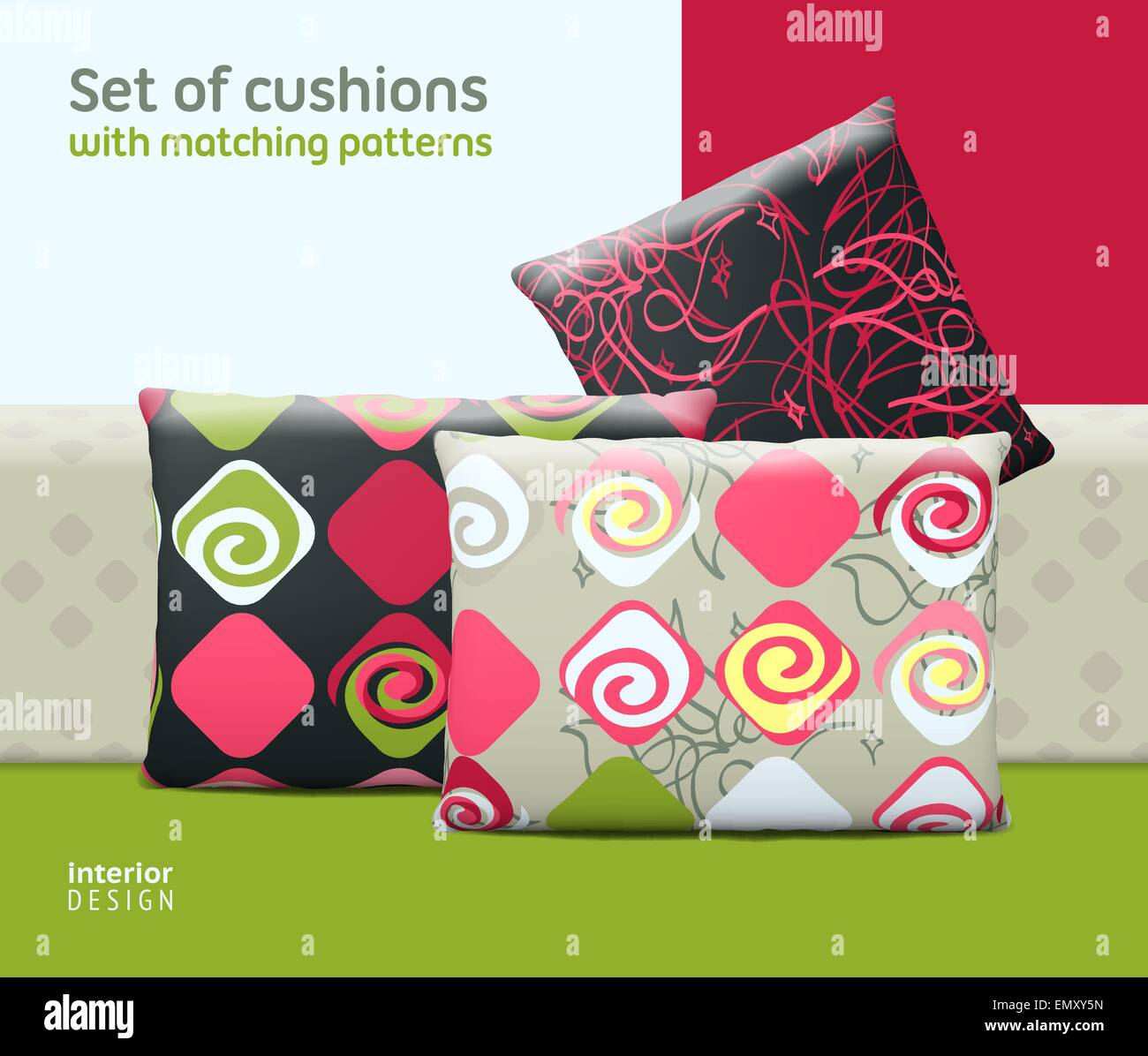 Set of cushions and pillows with matching seamless patterns. Interior ...