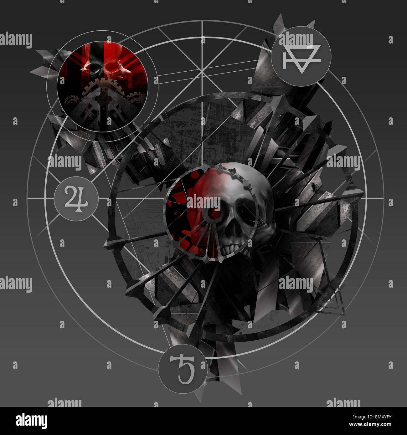 Alchemy skull. Abstract sign with metal parts and skulls pentacle art ...