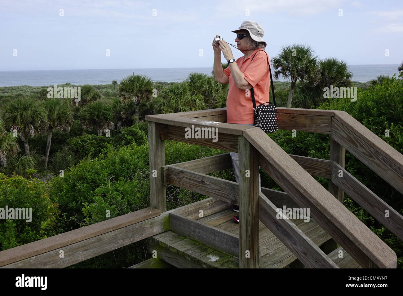 Woman taking a photo from the observation deck atop Turtle mound, a ...