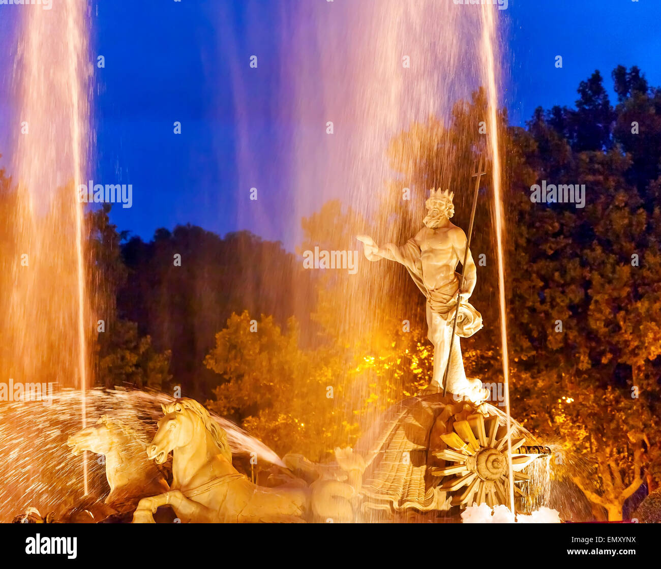 Neptune wChariot, Roman God, Statue Fountain Fuento de Neptuno Night ...