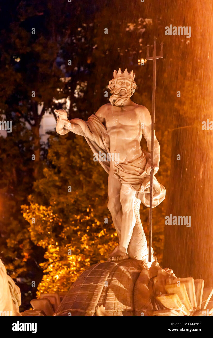 Neptune with Trident Snake, Roman God, Statue Fountain Night Plaza ...