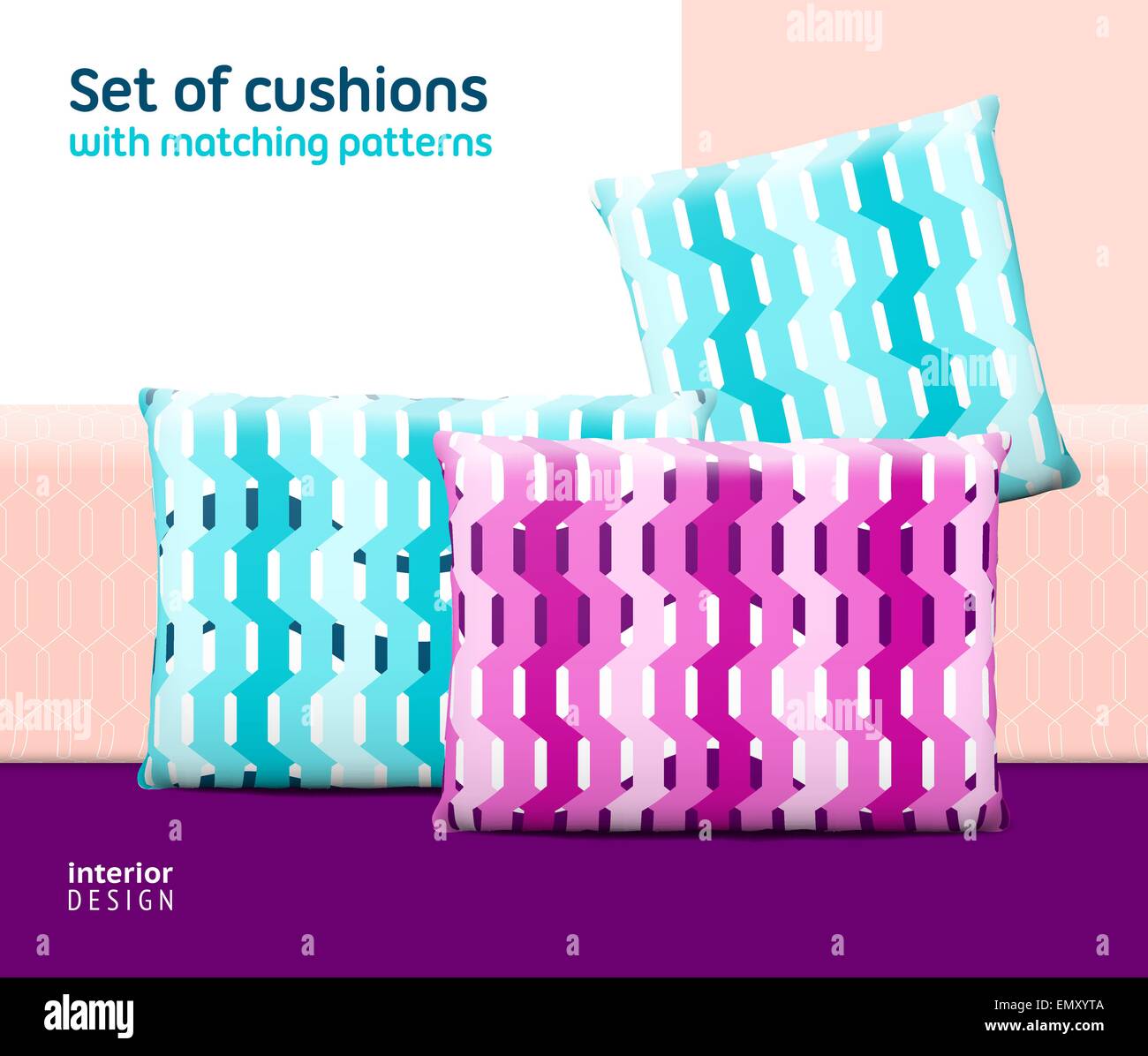 Set of cushions and pillows with matching seamless patterns. Interior ...