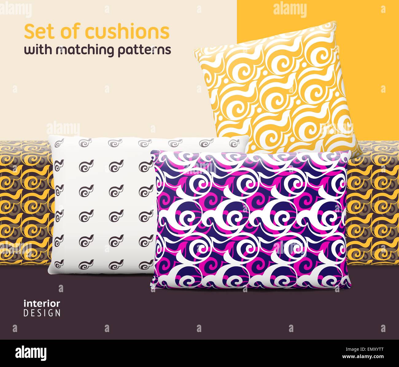 Set of cushions and pillows with matching seamless patterns. Interior ...