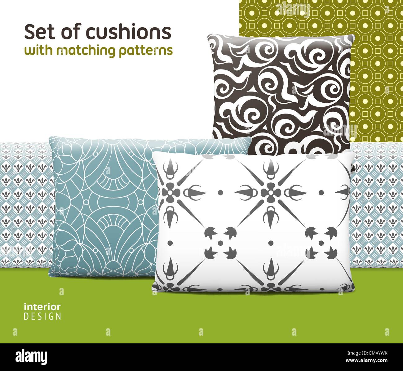 Set of cushions and pillows with matching seamless patterns. Interior ...