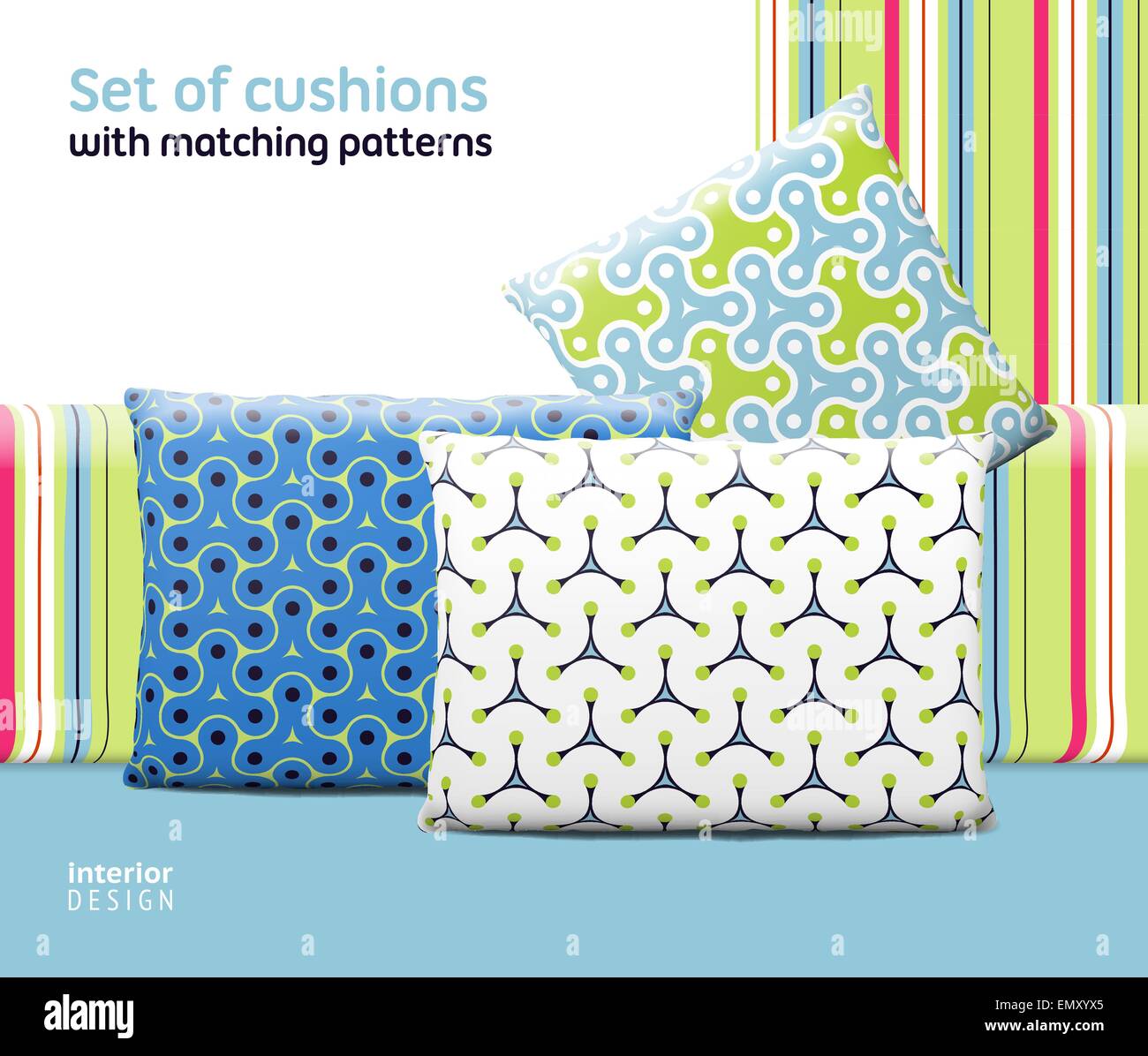 Set of cushions and pillows with matching seamless patterns. Interior ...
