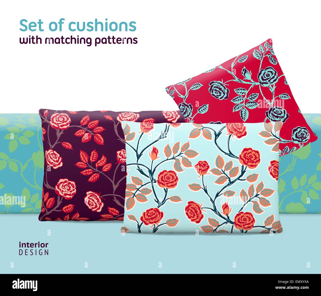 Set of cushions and pillows with matching seamless patterns. Interior ...