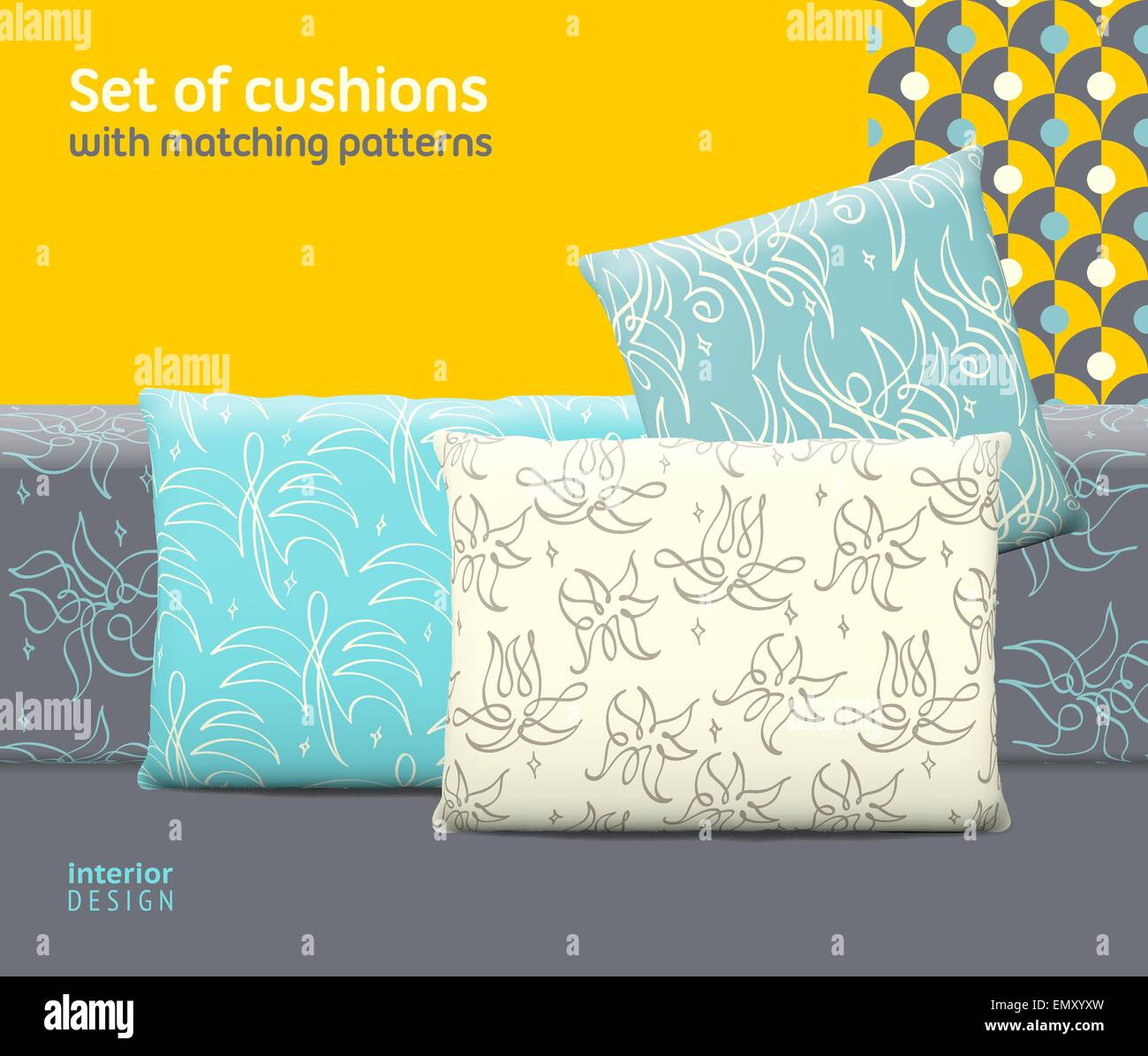 Set of cushions and pillows with matching seamless patterns. Interior ...