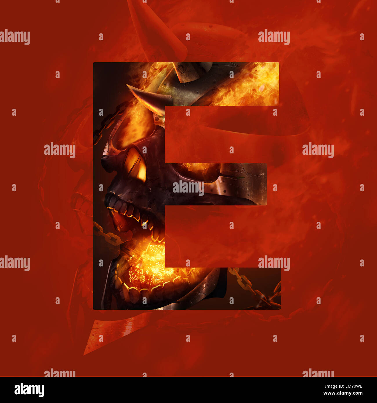 Monster letter E. Letter sign with horrible and evil fire skull monster ...