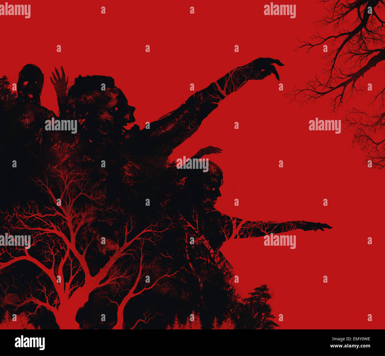 Zombies illustration. Fantasy dead zombies attack on red background ...